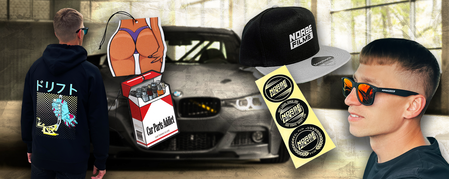 Norbefilms merchandise, car parts, drifting events.