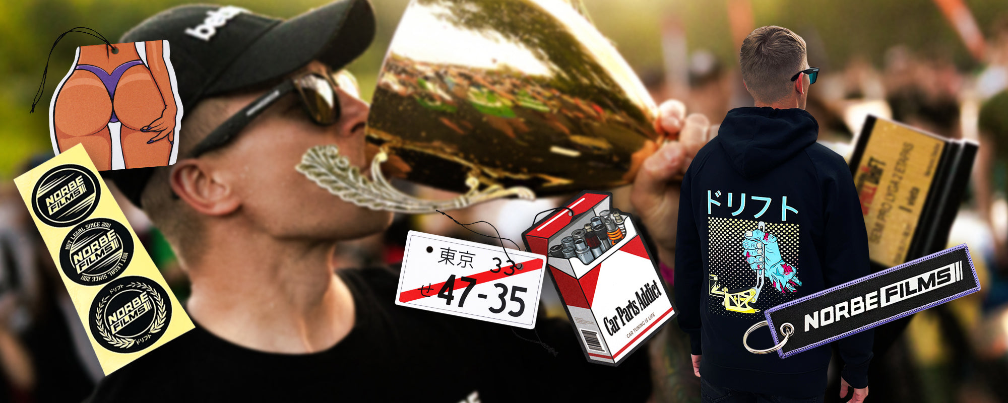 Norbefilms merchandise, car parts, drifting events.